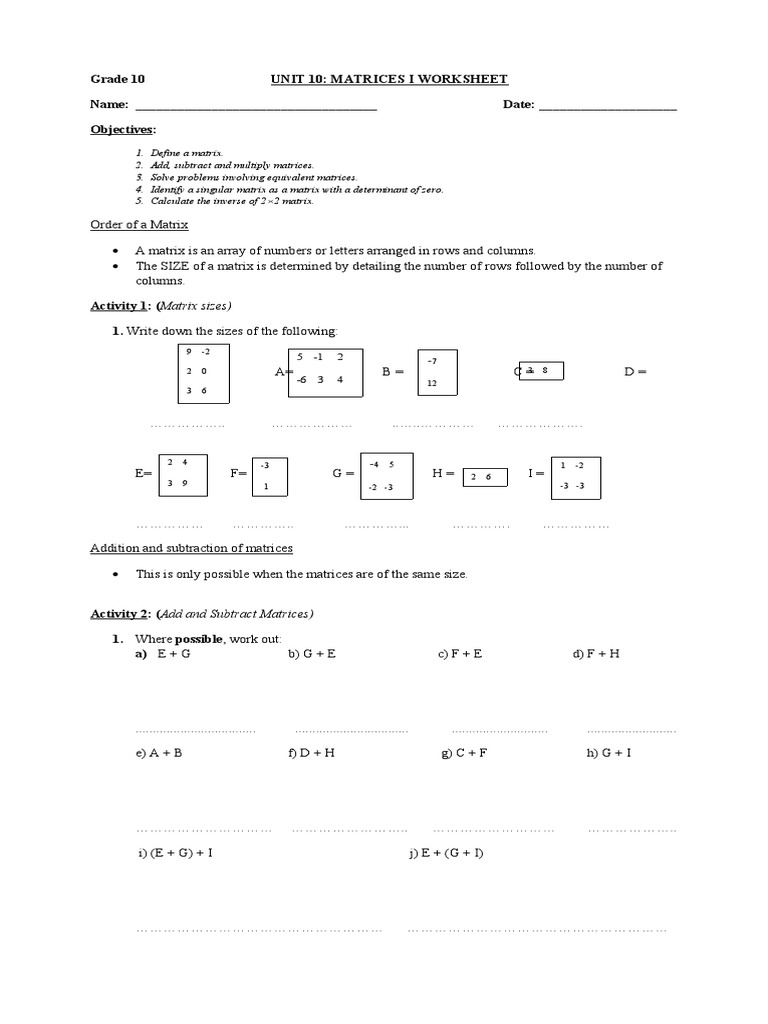 Worksheet - Matrices | PDF | Determinant | Matrix (Mathematics)