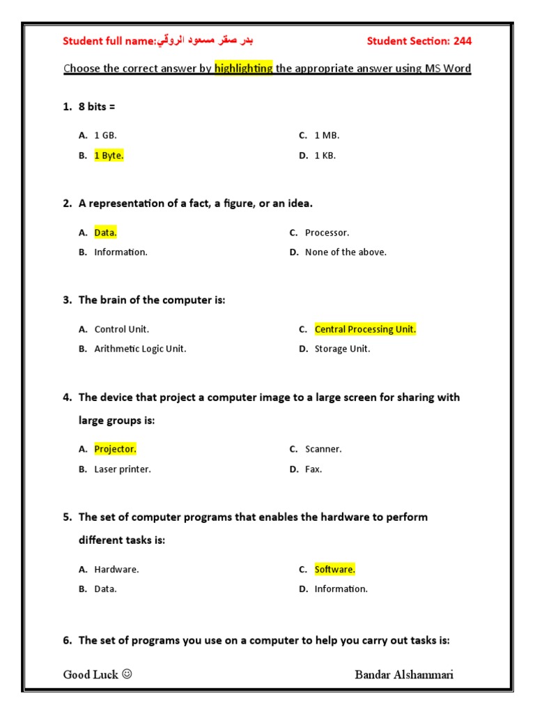 Choose The Correct Answer by Highlighting The Appropriate Answer Using ...