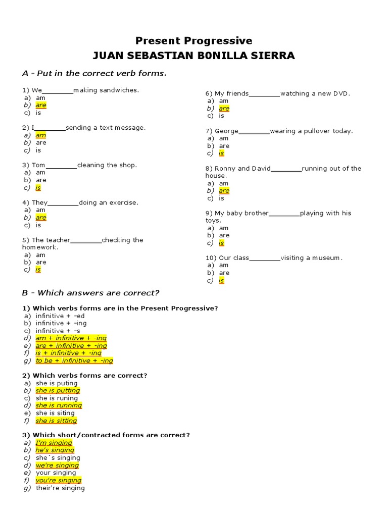 Present Progressive Exercises and Answers | PDF | Syntax | Grammar