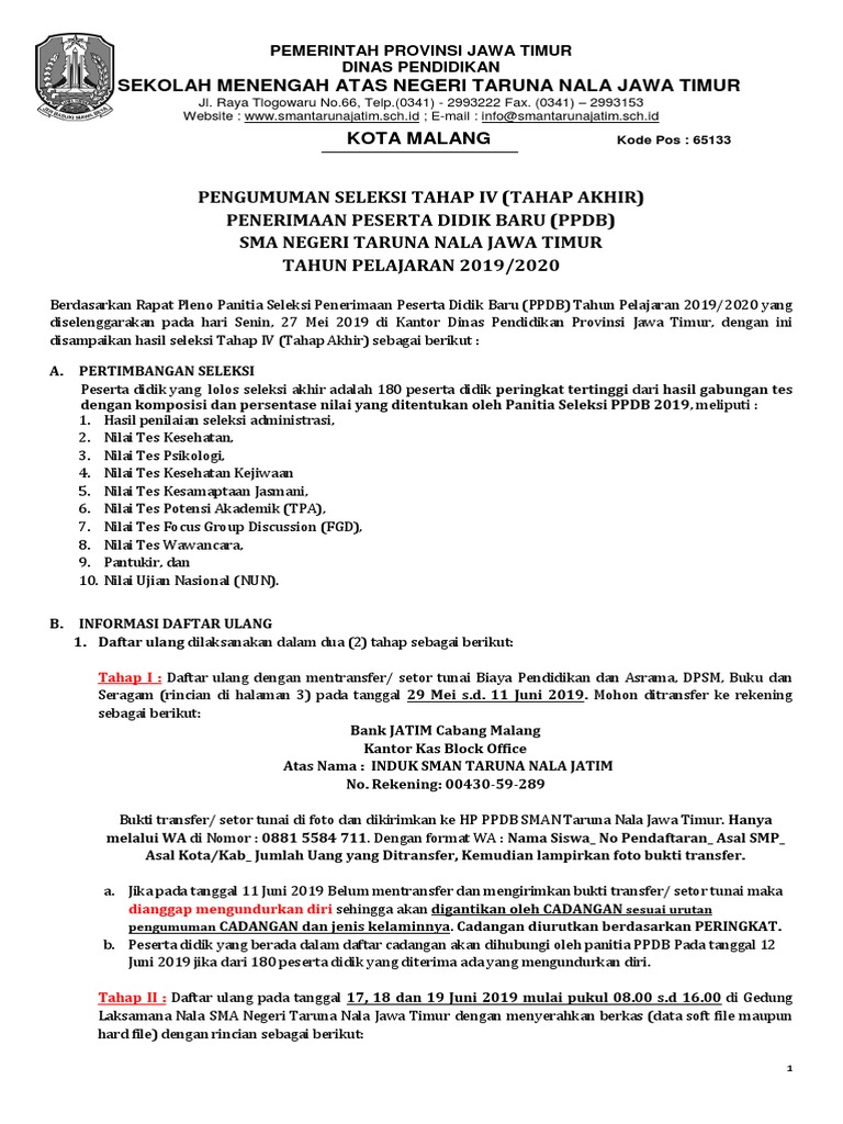 Pengumuman Final PPDB & Daftar Ulang Sman Taruna Nala Jawa Timur TP 2019 - 2020 Final | PDF