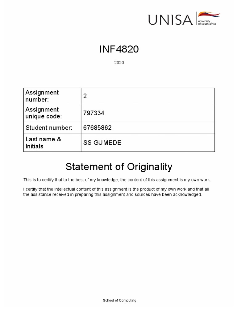 Assignment Number: 2 Assignment Unique Code: 797334 Student Number: 67685862 Last Name ...