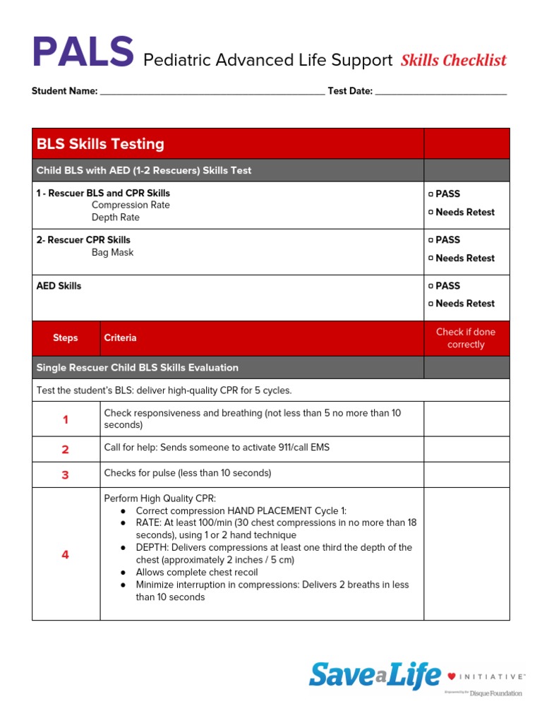 PALS Skills Checklist | PDF | Cardiopulmonary Resuscitation | Medical ...