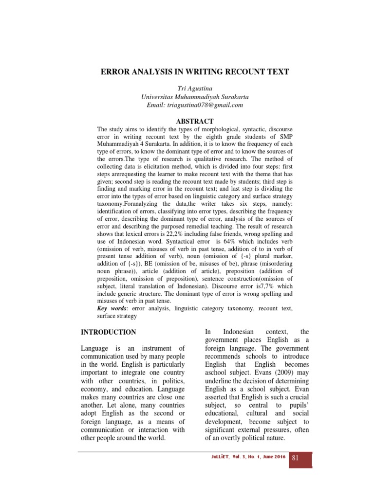 Error Analysis in Writing Recount Text: Tri Agustina Universitas ...