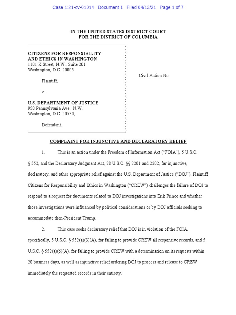 Erik Prince Complaint | PDF | Freedom Of Information Act (United States ...