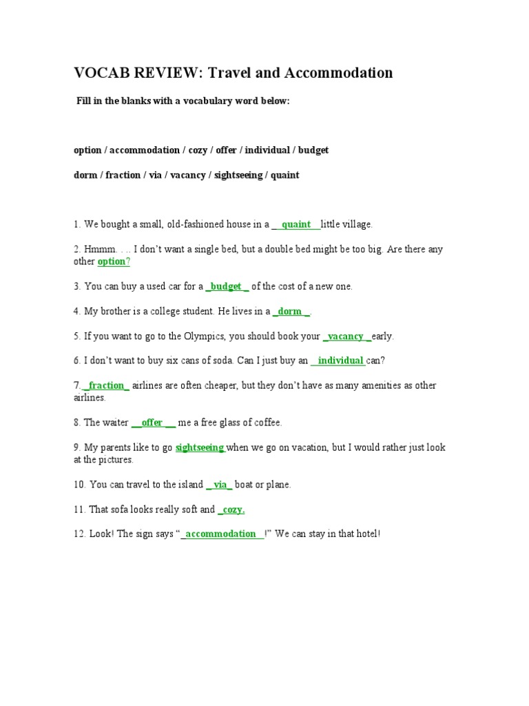 Travel Vocabulary Fill-in-the-Blanks | PDF