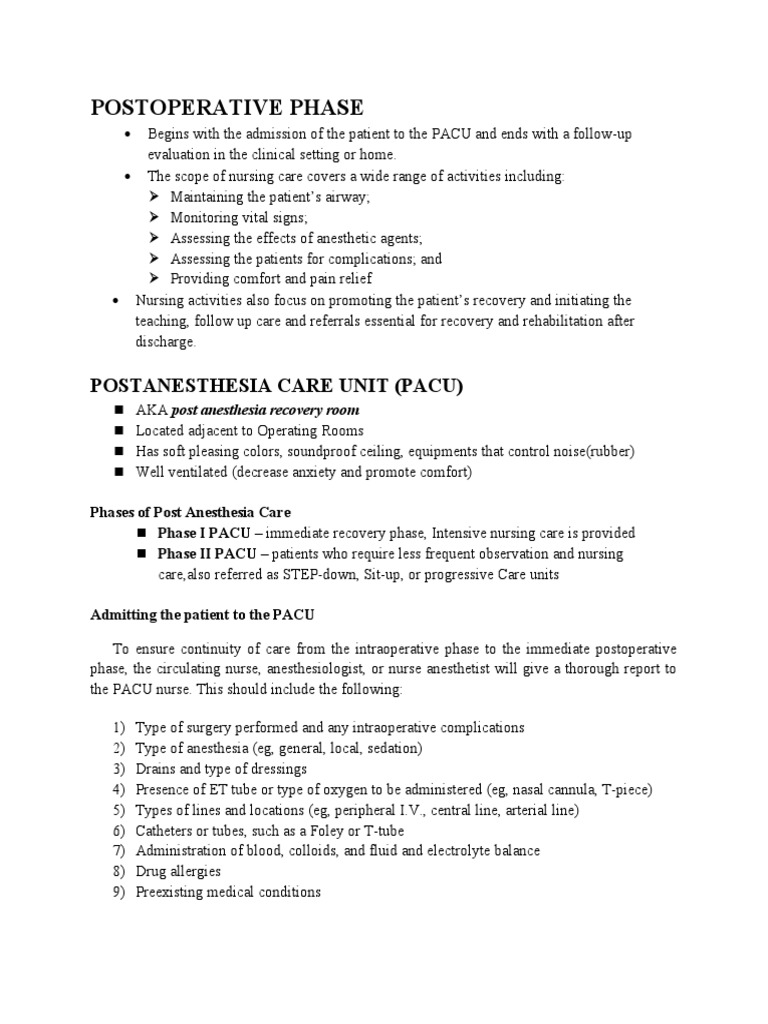 Postoperative Phase: Postanesthesia Care Unit (Pacu) | PDF | Anesthesia ...