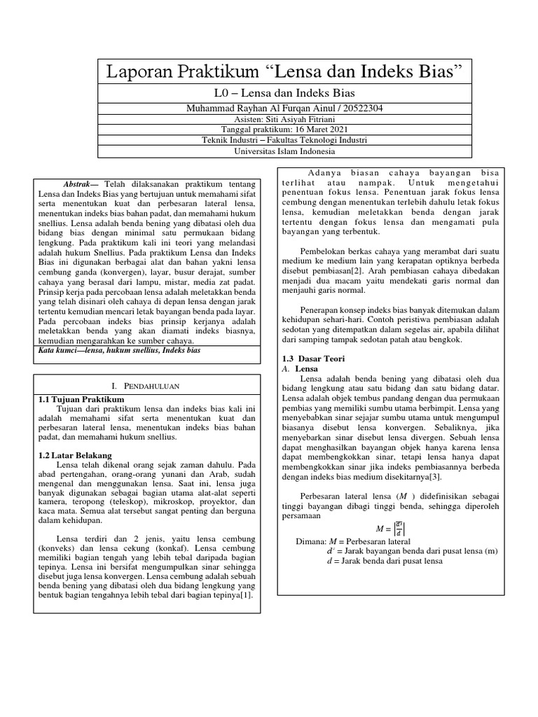 Laporan Praktikum "Lensa Dan Indeks Bias" | PDF