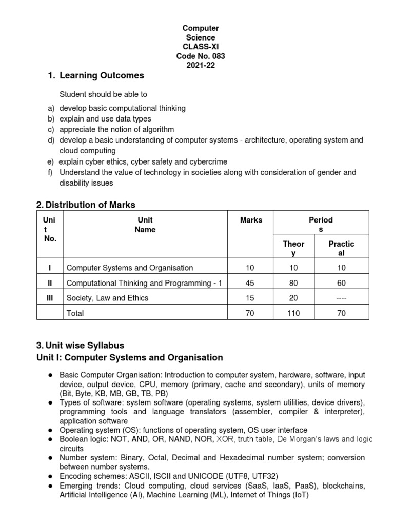 Learning Outcomes: Computer Science Class-Xi Code No. 083 2021-22 | PDF | Control Flow | Data Type