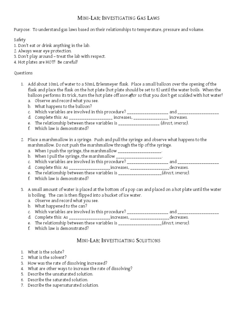 Gas Laws and Solutions Mini-Lab | PDF | Solution | Solubility