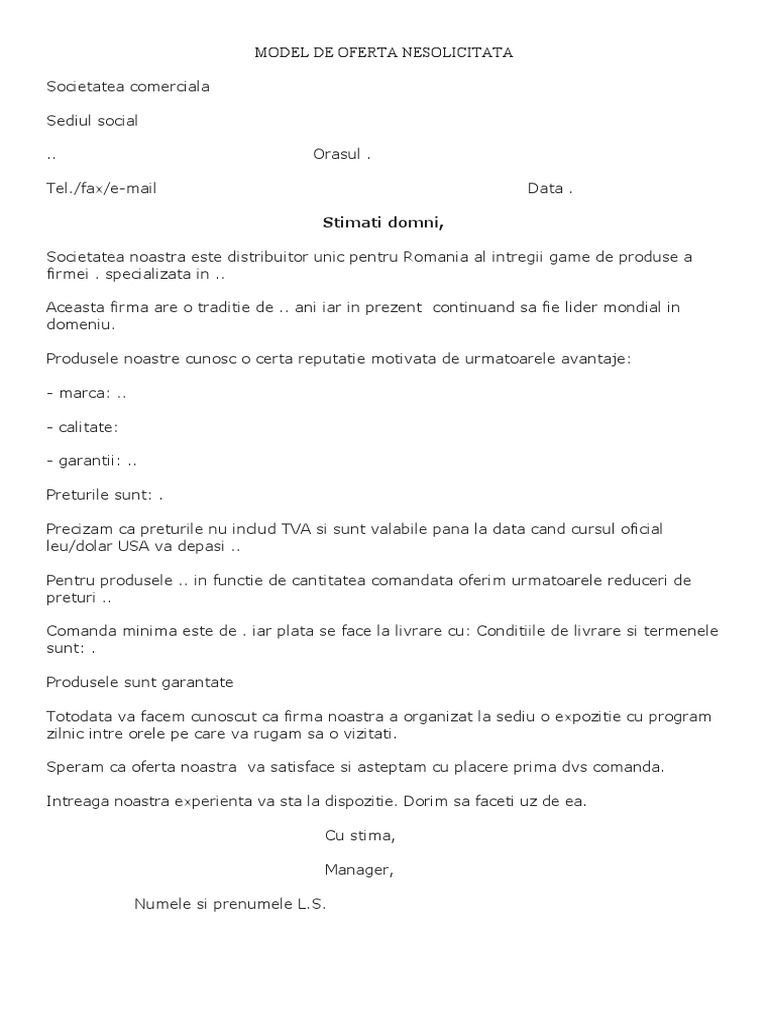 Model de Oferta Nesolicitata | PDF