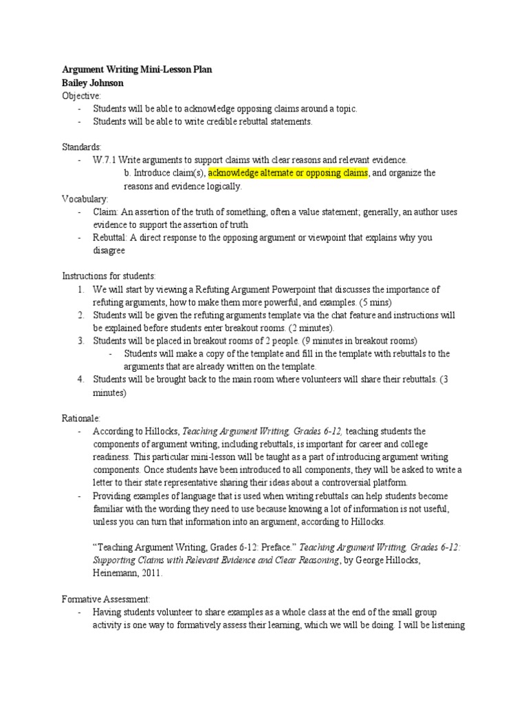 Argument Writing Mini-Lesson Plan | Download Free PDF | Argument ...