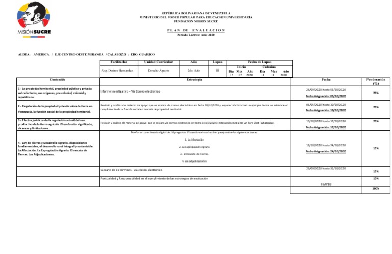 Plan de Evaluacion III Lapso D° Agrario | PDF | Política | Justicia
