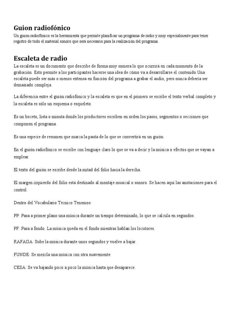 Guion Radiofónico Y Escaleta de Radio | PDF | Estudios de idiomas extranjeros