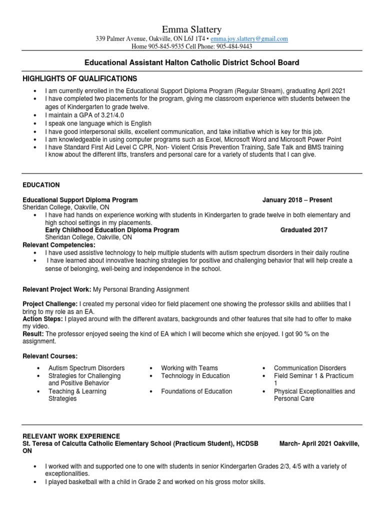 Resume 2021 Final Emma Slattery | PDF | Schools | Classroom