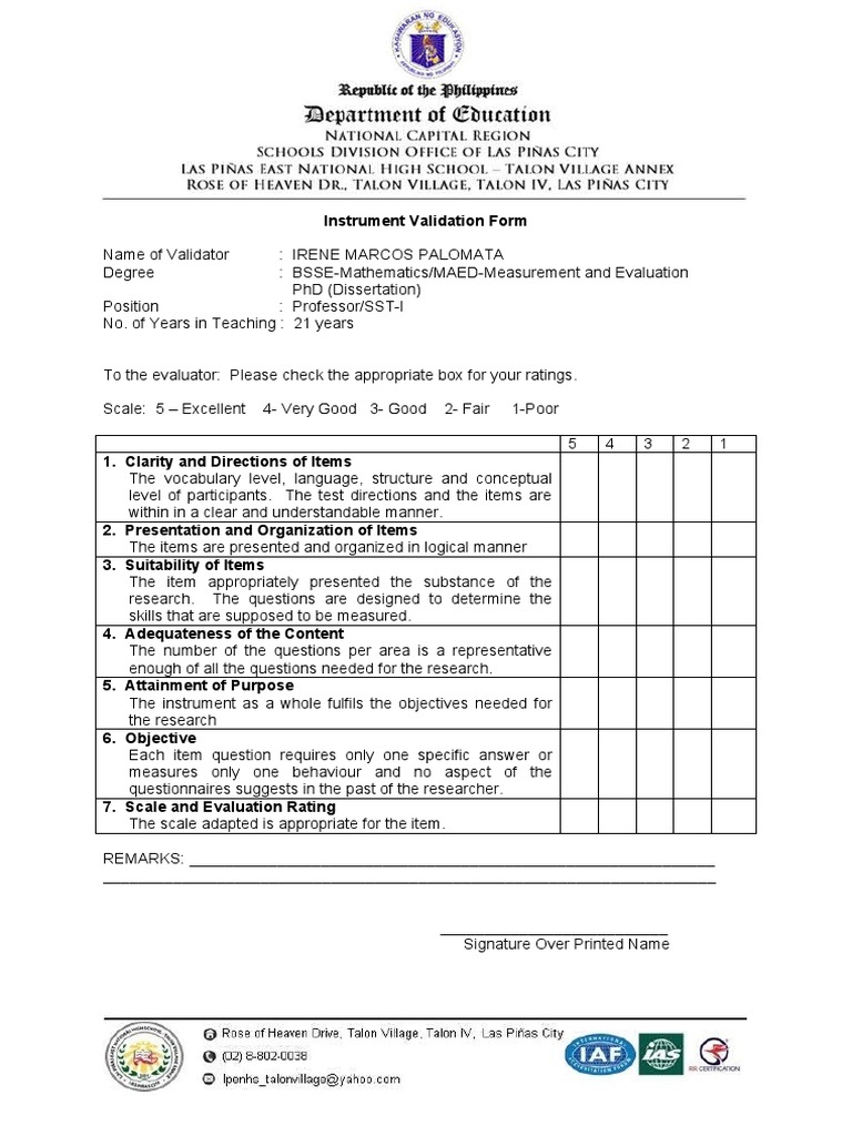 Instrument Validation Form Pdf Survey Methodology Behavior