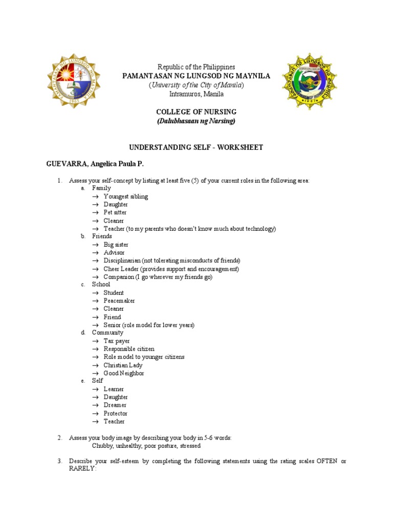 Understanding Self Worksheet | PDF | Pessimism | Feeling