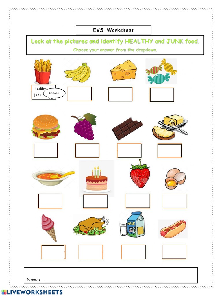 Look at The Pictures and Identify HEALTHY and JUNK Food.: EVS:Worksheet ...