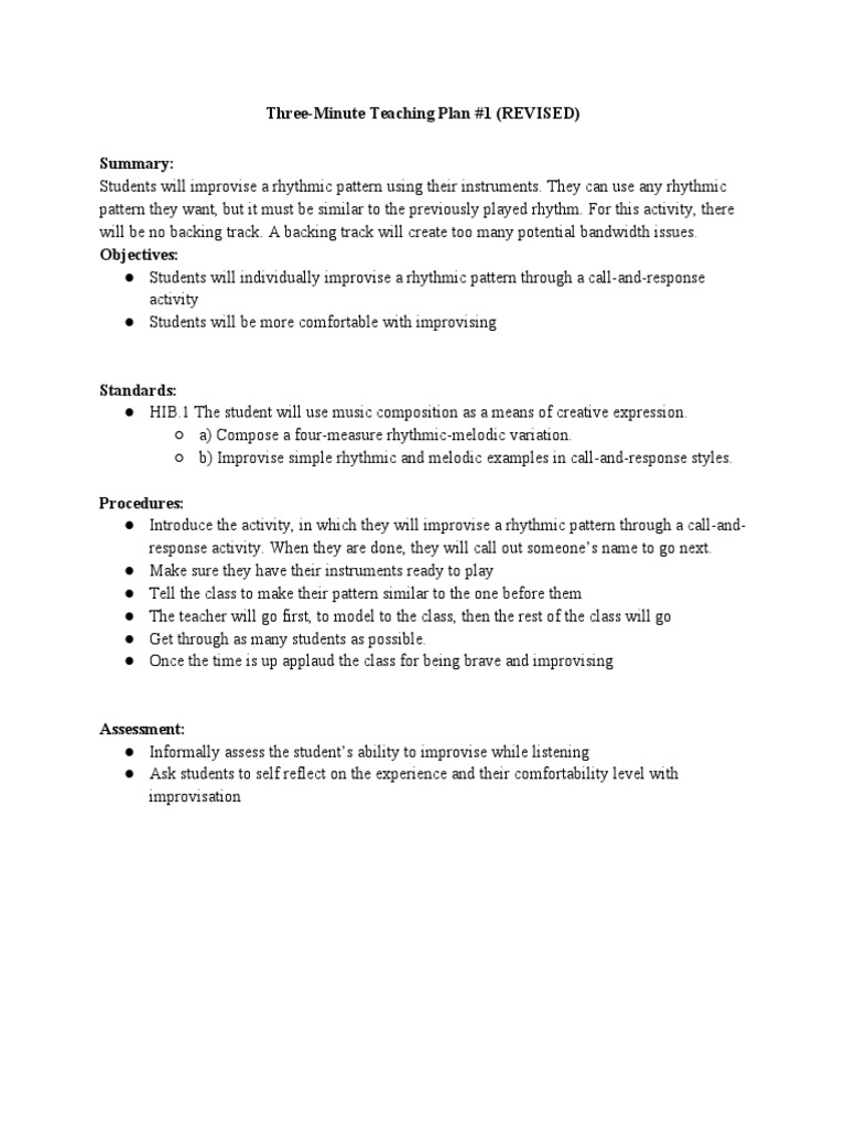 Three-Minute Teaching Plan 1 Revised | PDF | Improvisation | Rhythm