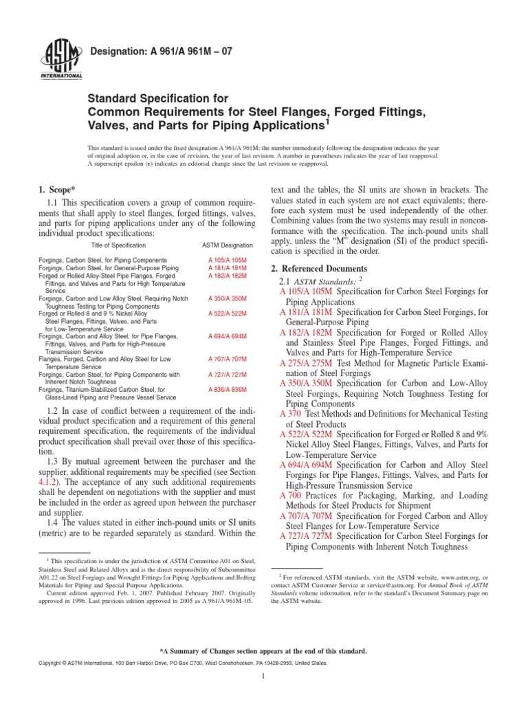 Astm A961 | PDF | Heat Treating | Pipe (Fluid Conveyance)
