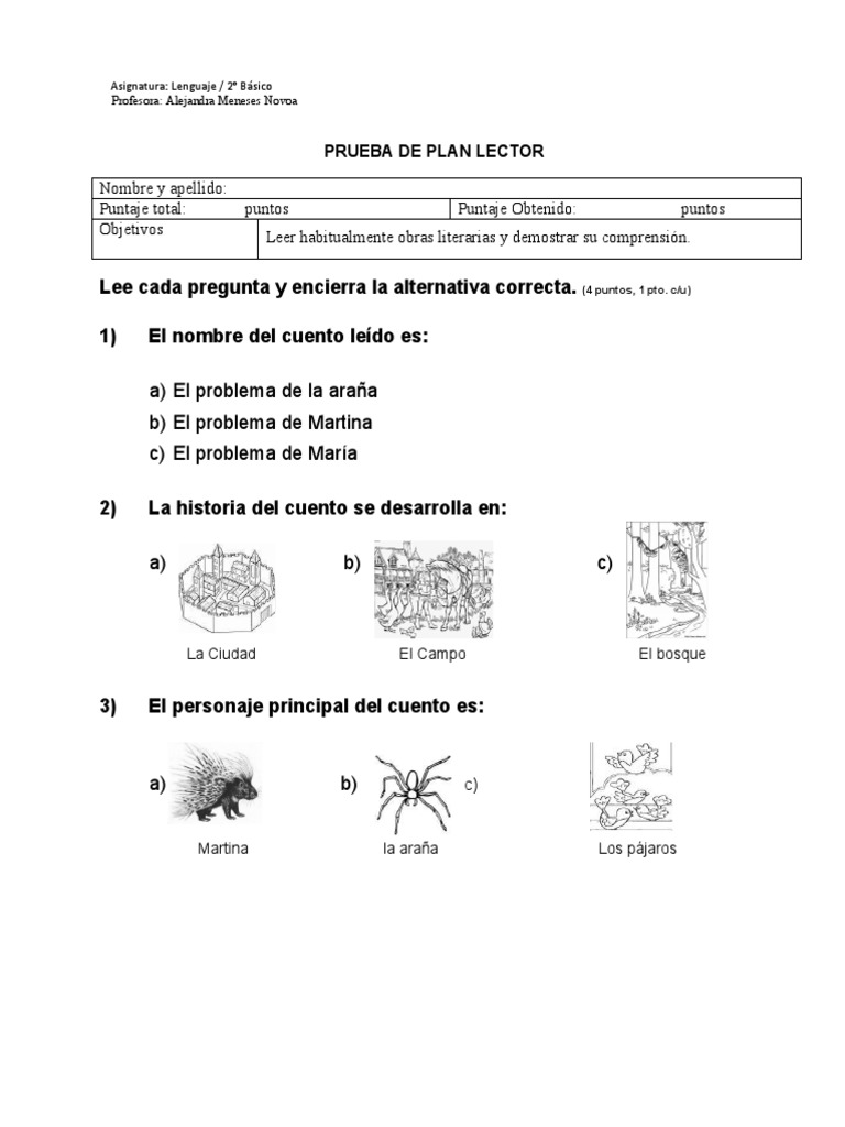 Lenguaje 2° Básico - Prueba Plan Lector | PDF