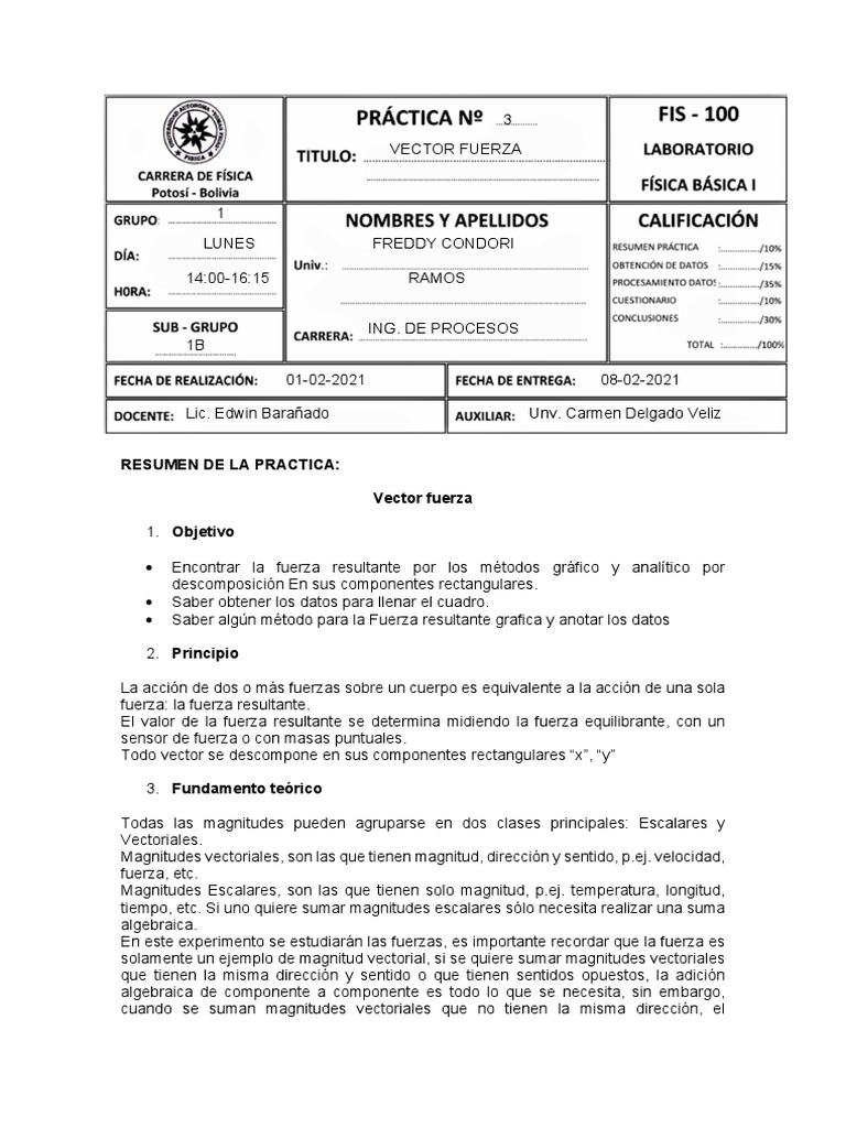 Practica de Laboratorio de Fisica #4 Vectores Uatf | PDF | Vector Euclidiano | Fuerza