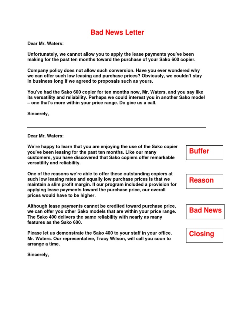 Bad News Business Letter Format Writing Business Letters ESL