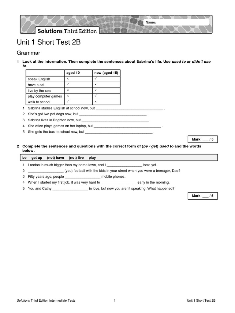 Unit 1 Short Test 2B: Grammar | PDF