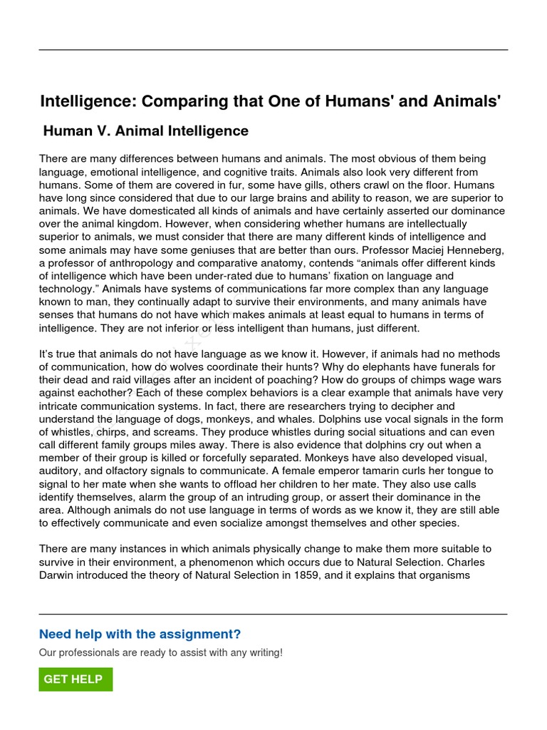 Intelligence: Comparing That One of Humans' and Animals': Human V ...