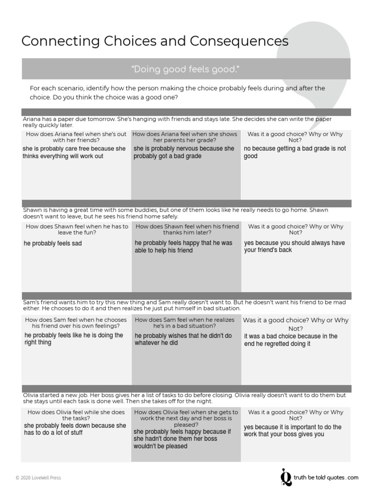 Choices And Consequences Worksheet Staying Safe In Risky Situations