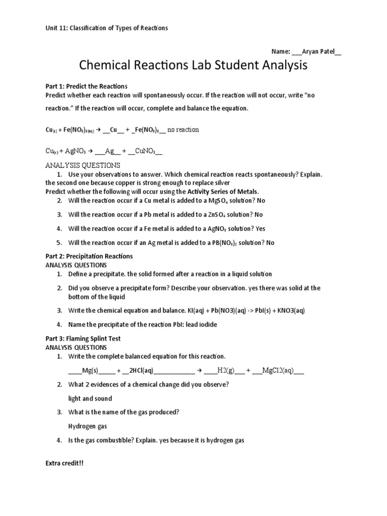 Chemical Reactions Student Analysis | PDF