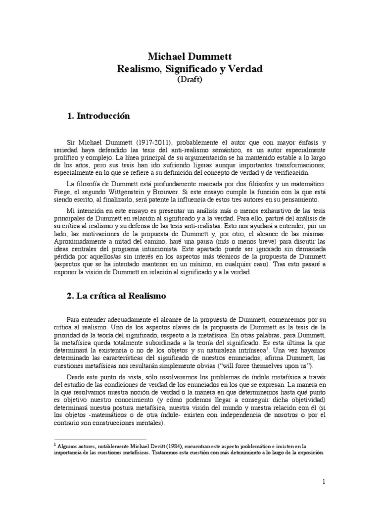 Michael Dummett Realismo Significado y V | PDF | Realismo filosófico ...