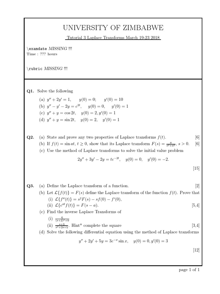Tutorial 3 Laplace Transforms Pdf