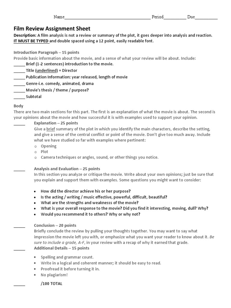 Film Review Assignment Sheet: Introduction Paragraph - 15 Points | PDF ...