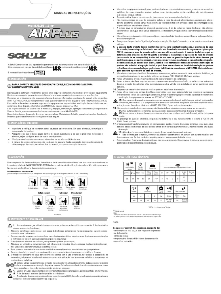 Compressor Ar Schulz Air Plus Msi 2 HP | PDF | Reservatório de petróleo ...