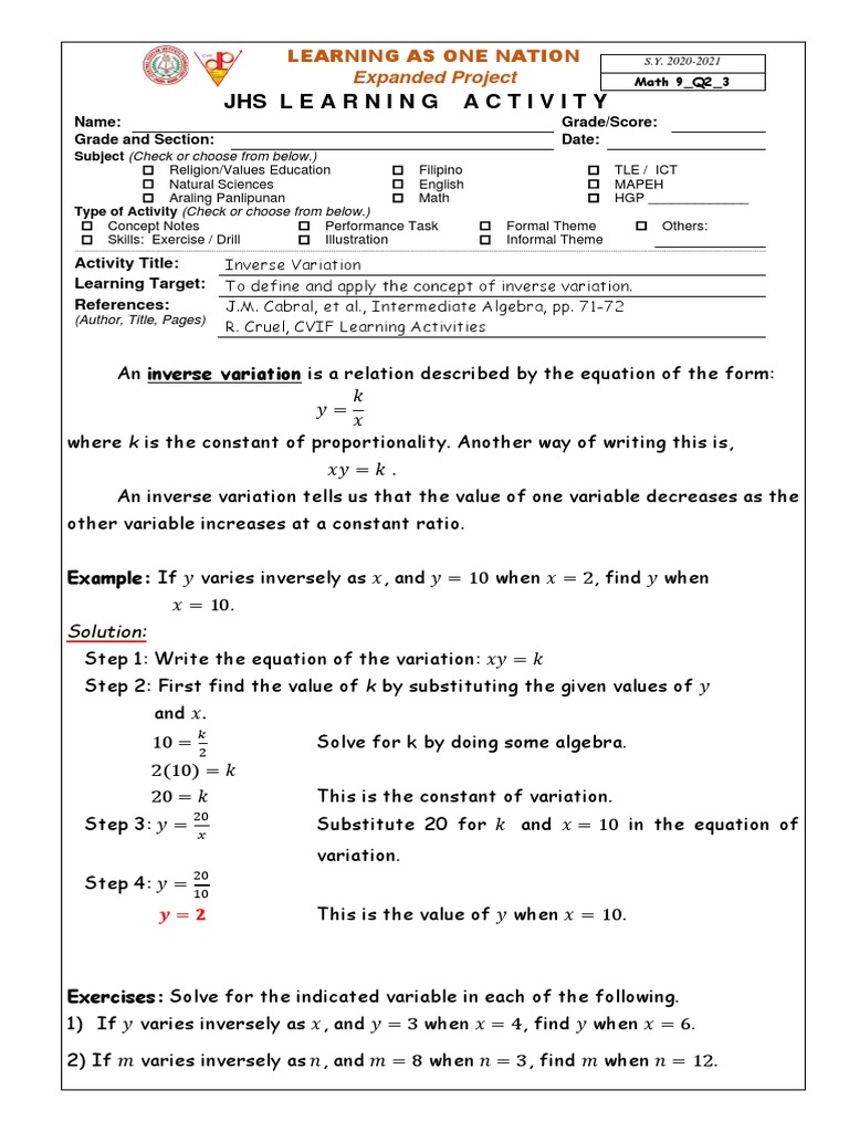 CHKD Math 9 LAS 3 Inverse Variation | PDF | Equations | Algebra
