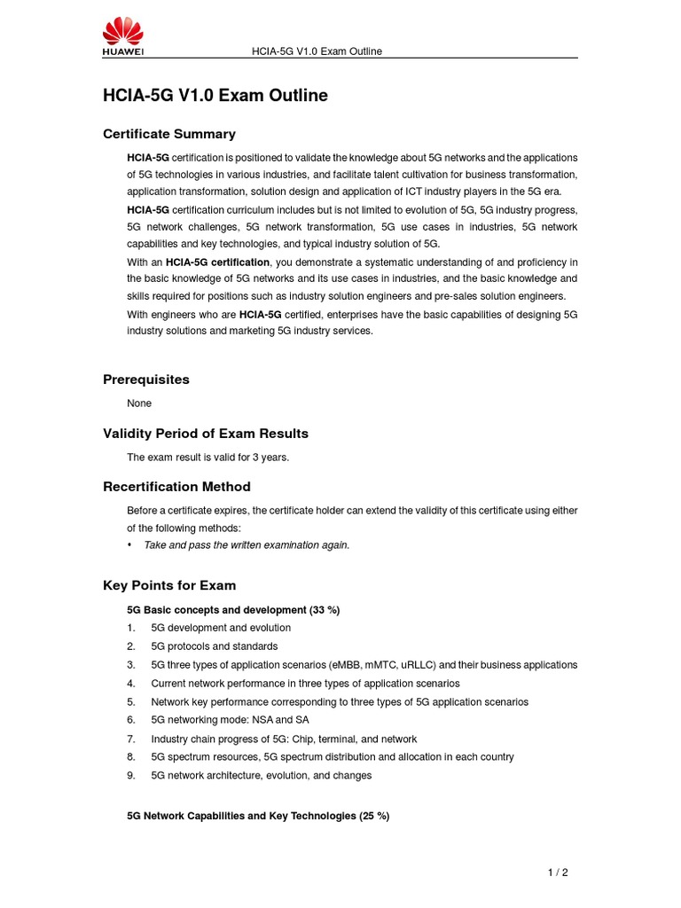 HCIA-5G V1.0 Exam Outline | PDF | Engineer | 3 Gpp