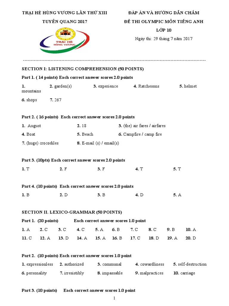 ĐÁP ÁN CHÍNH THỨC TIẾNG ANH OLYMPIC THHV LỚP 10 | PDF | Vietnam