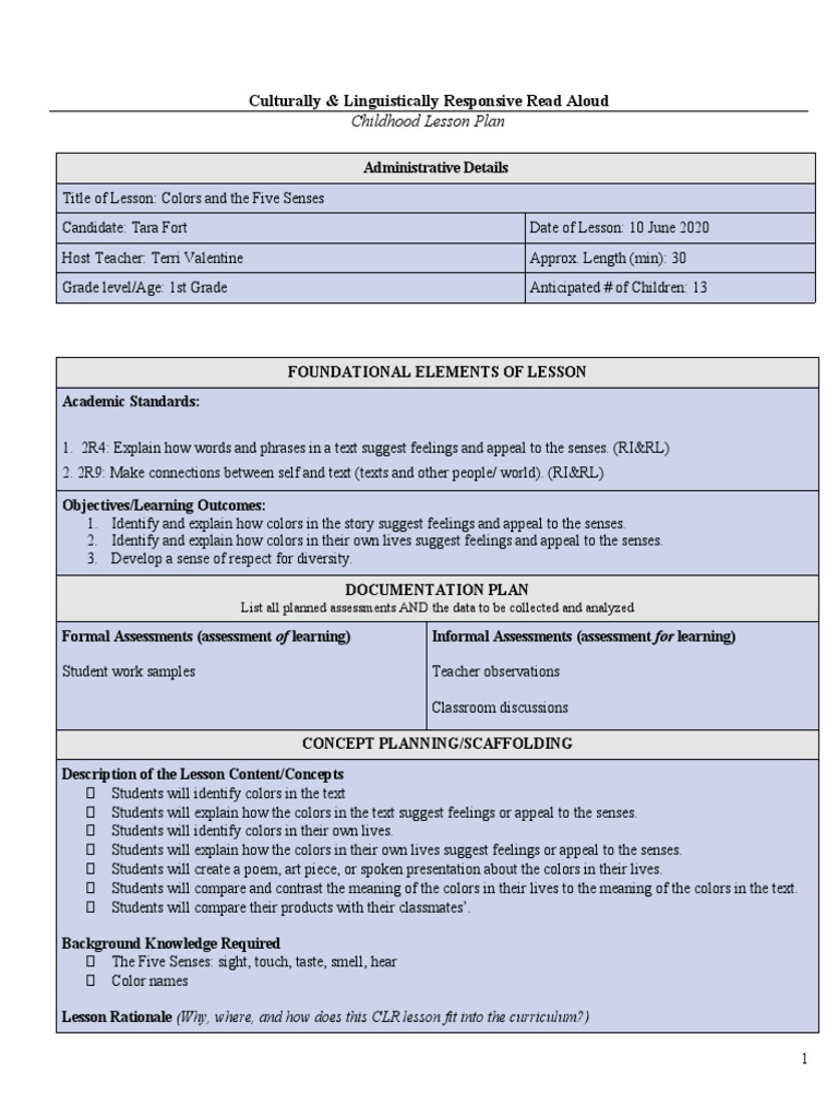 Tara CLR Lesson Plan | PDF | Senses | Lesson Plan