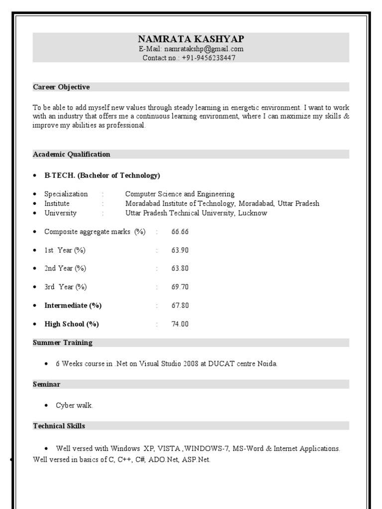 Namrata Kashyap - B.Tech in CSE Resume | PDF