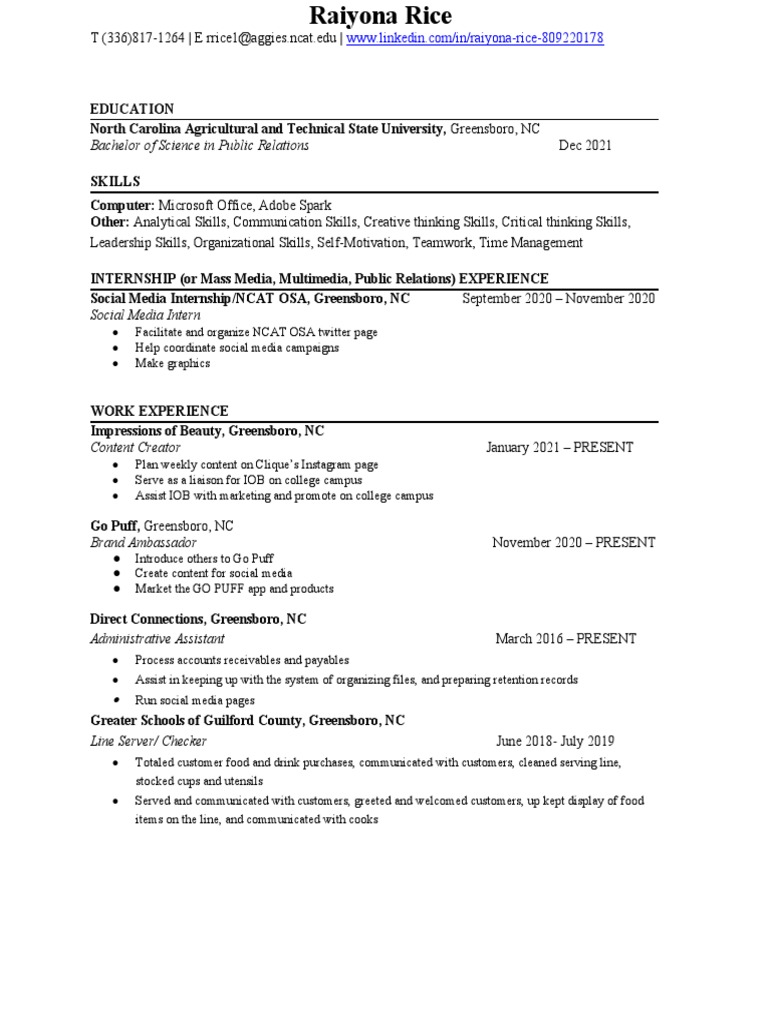 Raiyona Rice Resume | PDF | Social Media | Popular Culture & Media Studies