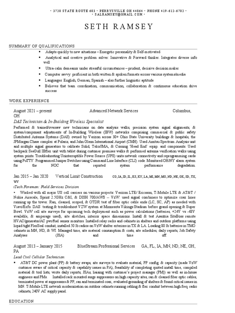 Seth Ramsey: DAS Technician & In-Building Wireless Specialist | PDF ...