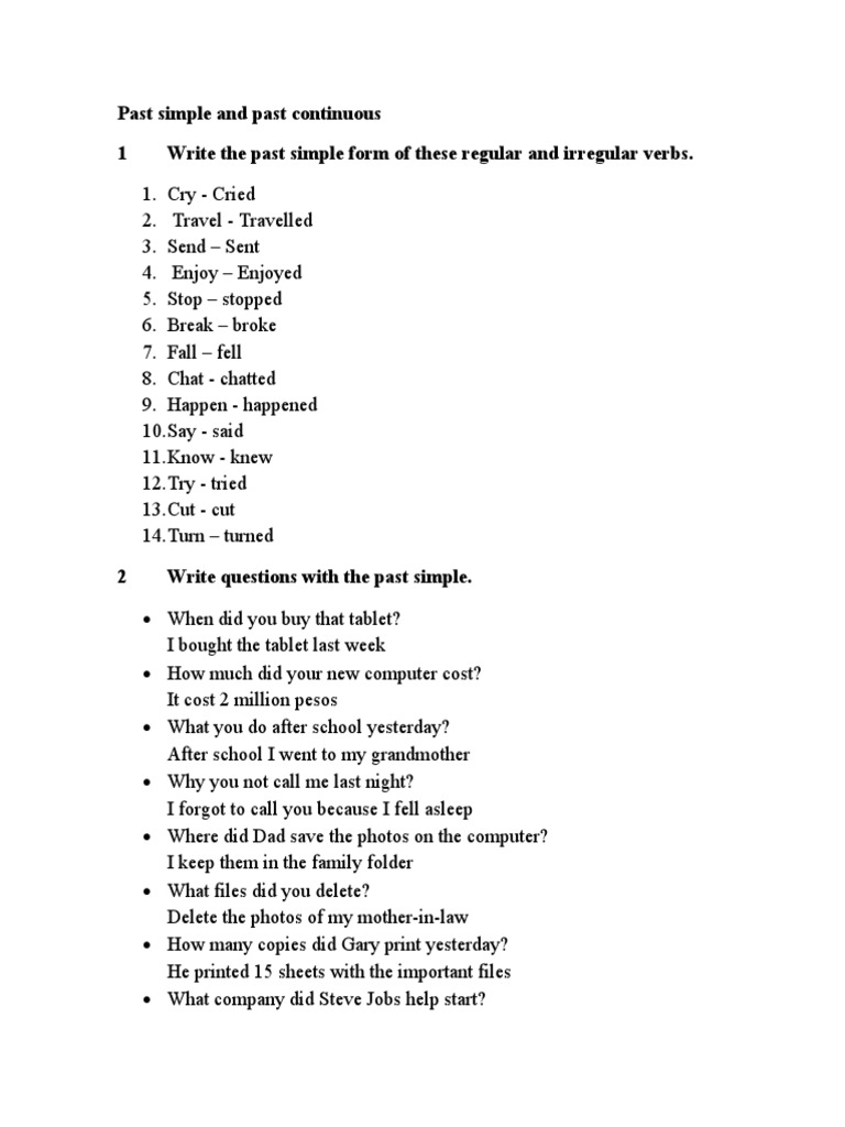 Past Simple and Past Continuous 1 Write The Past Simple Form of These Regular and Irregular ...