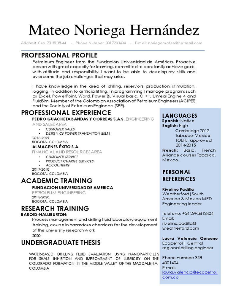 CV - Mateo Noriega Hernandez | PDF | Fuel Production | Petroleum