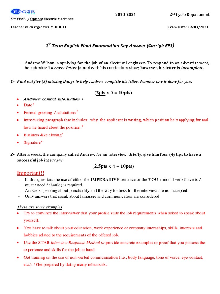 1 Term English Final Examination Key Answer (Corrigé EF1) : (2pts X 5 ...