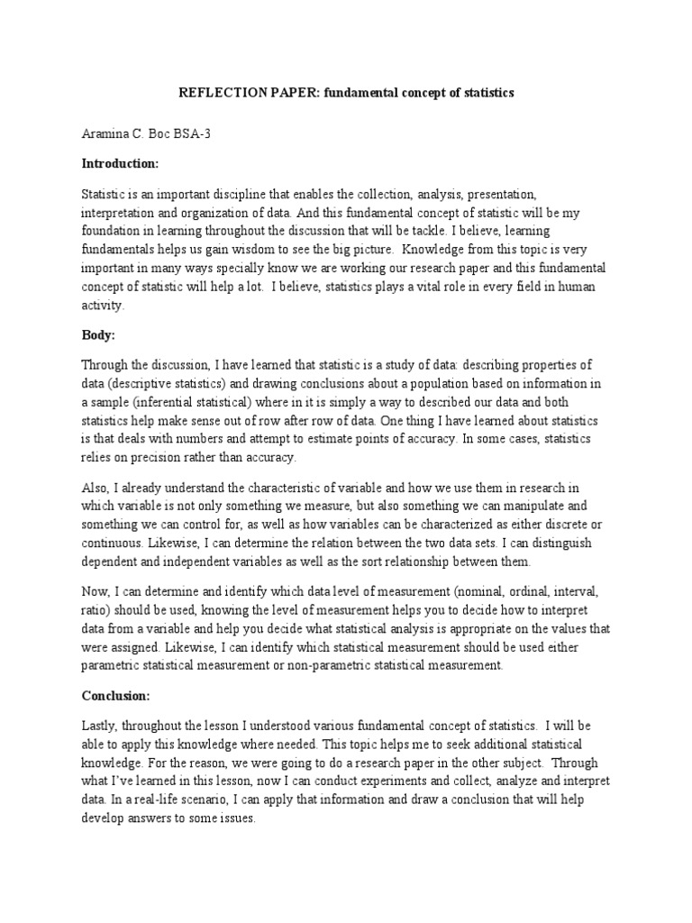 REFLECTION PAPER: Fundamental Concept of Statistics | PDF | Statistics ...