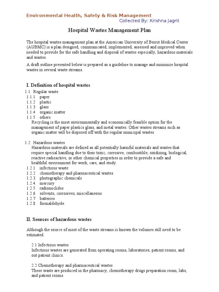 Hospital Waste Management Plan AUBMC | PDF | Hazardous Waste | Waste ...