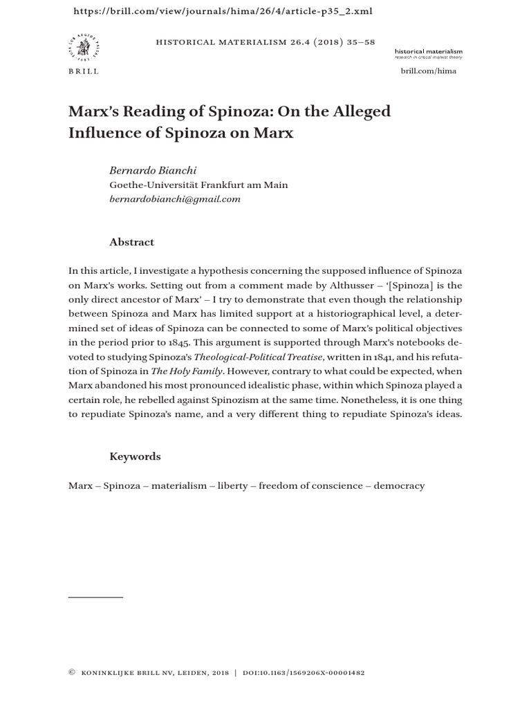 Marxs Reading of Spinoza On The Alleged | PDF