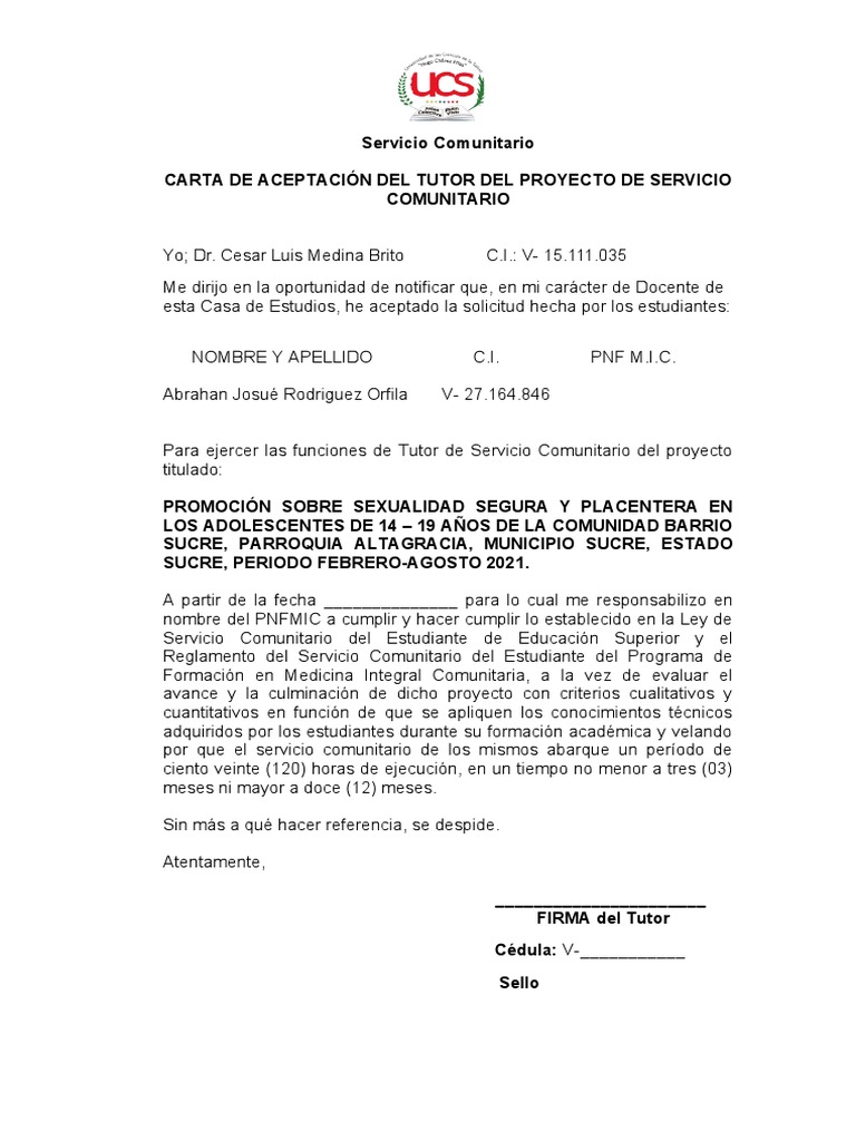 Carta Aceptacion Del Tutor Del Proyecto Sce Modelo | PDF | Crecimiento ...