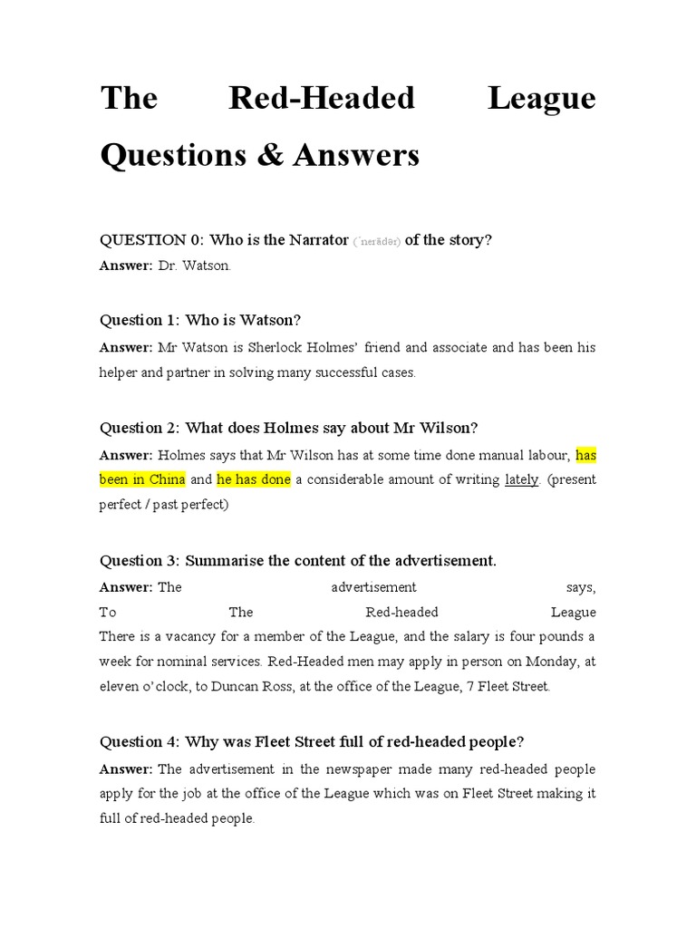 Questions and Answers | PDF | The Red Headed League