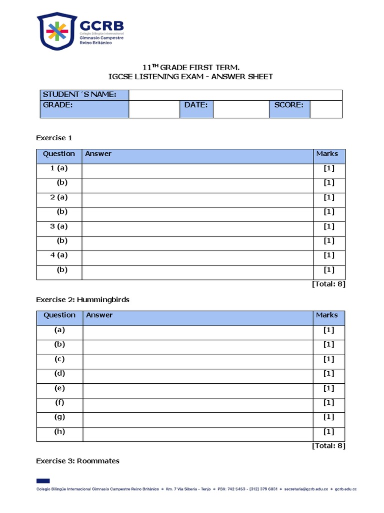 11TH Listening Igcse Answer Sheet | PDF | Qualifications | Educational ...